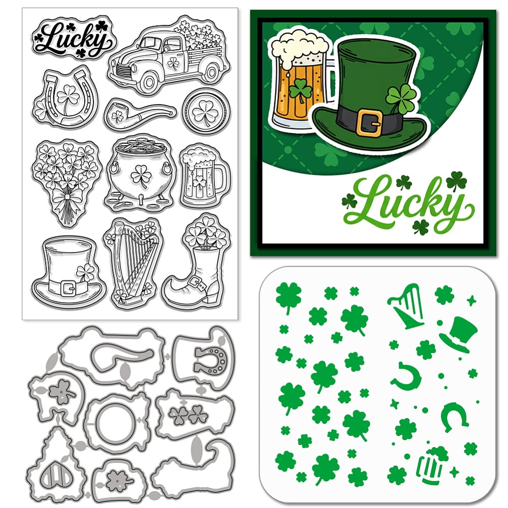 1Pc Saint Patrick's Day Clover PVC Clear Stamps with 1Pc PET Hollow Out ...