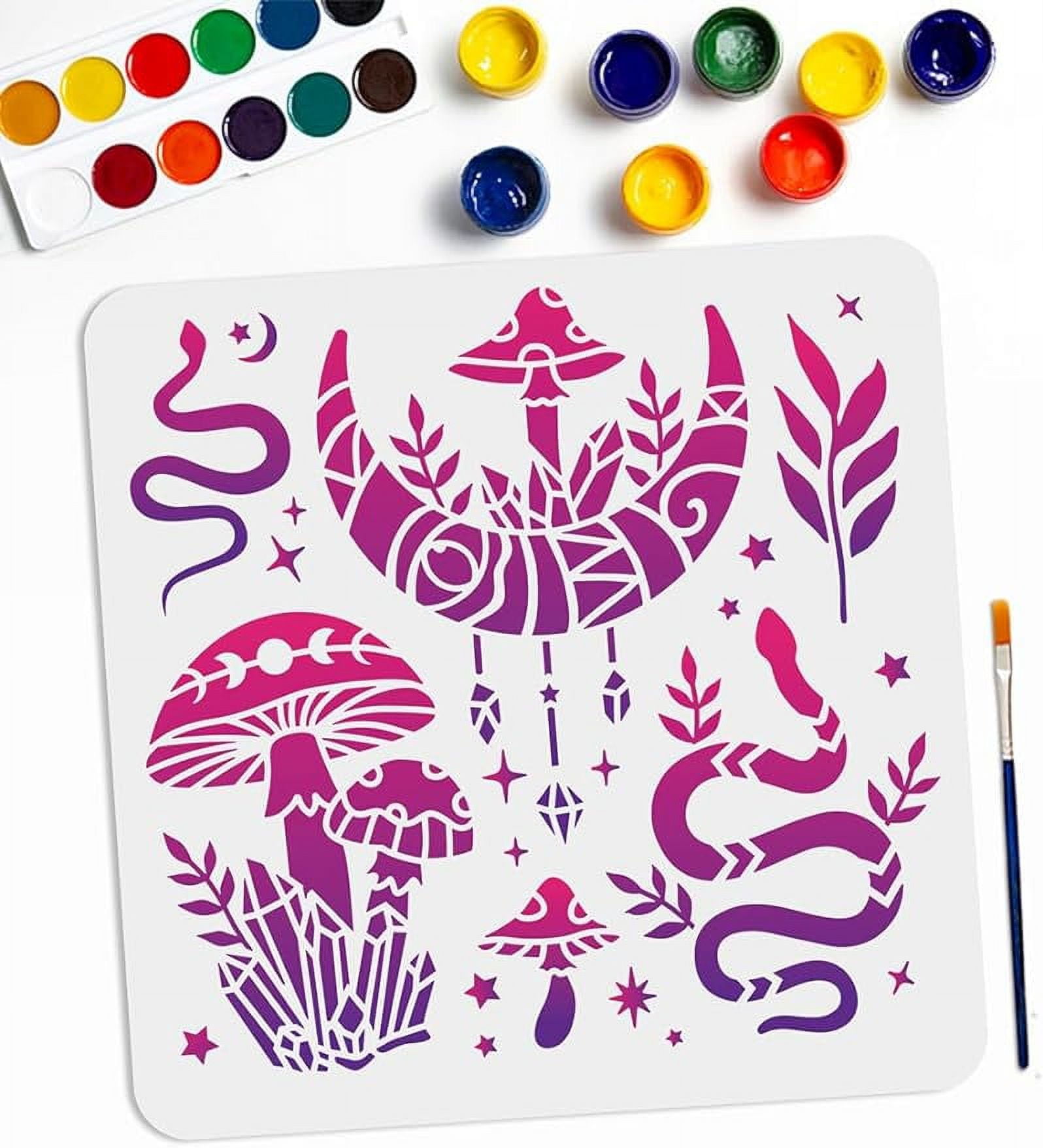 1Pc Snake Mushroom Moon Stencil Reusable Magic Theme Stencils with Paint Brush Crystal Leaves ...