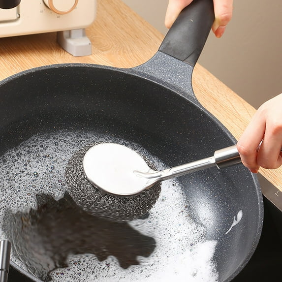 1Pc Stainless Steel Wool Scrubber with Long Handle - Clean Metal Pans ...