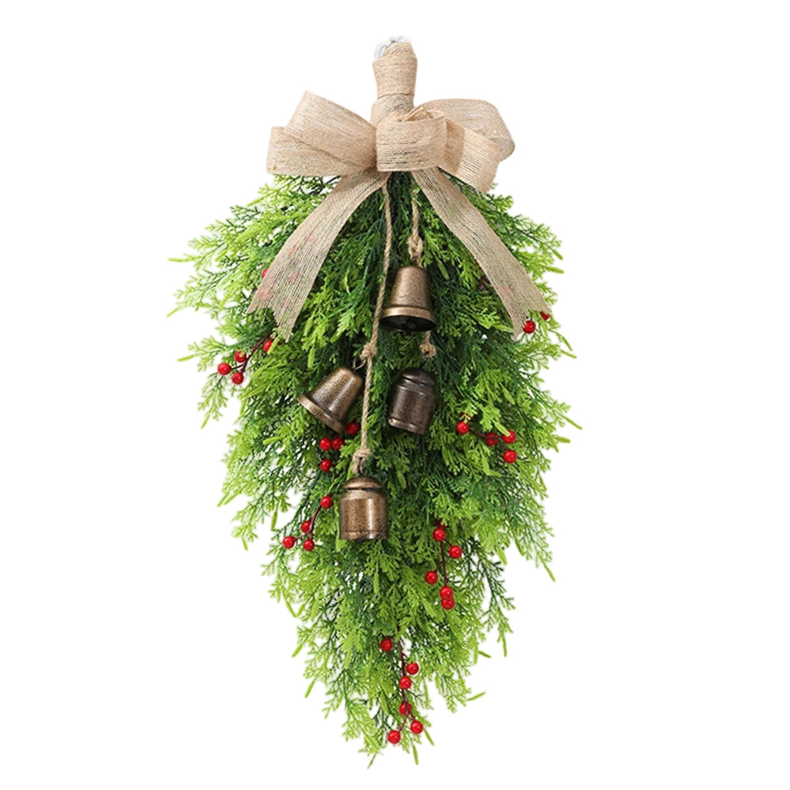 1Pc Teardrop-Shaped Pine Wreath with Bow & Bell, Artificial Front Door ...