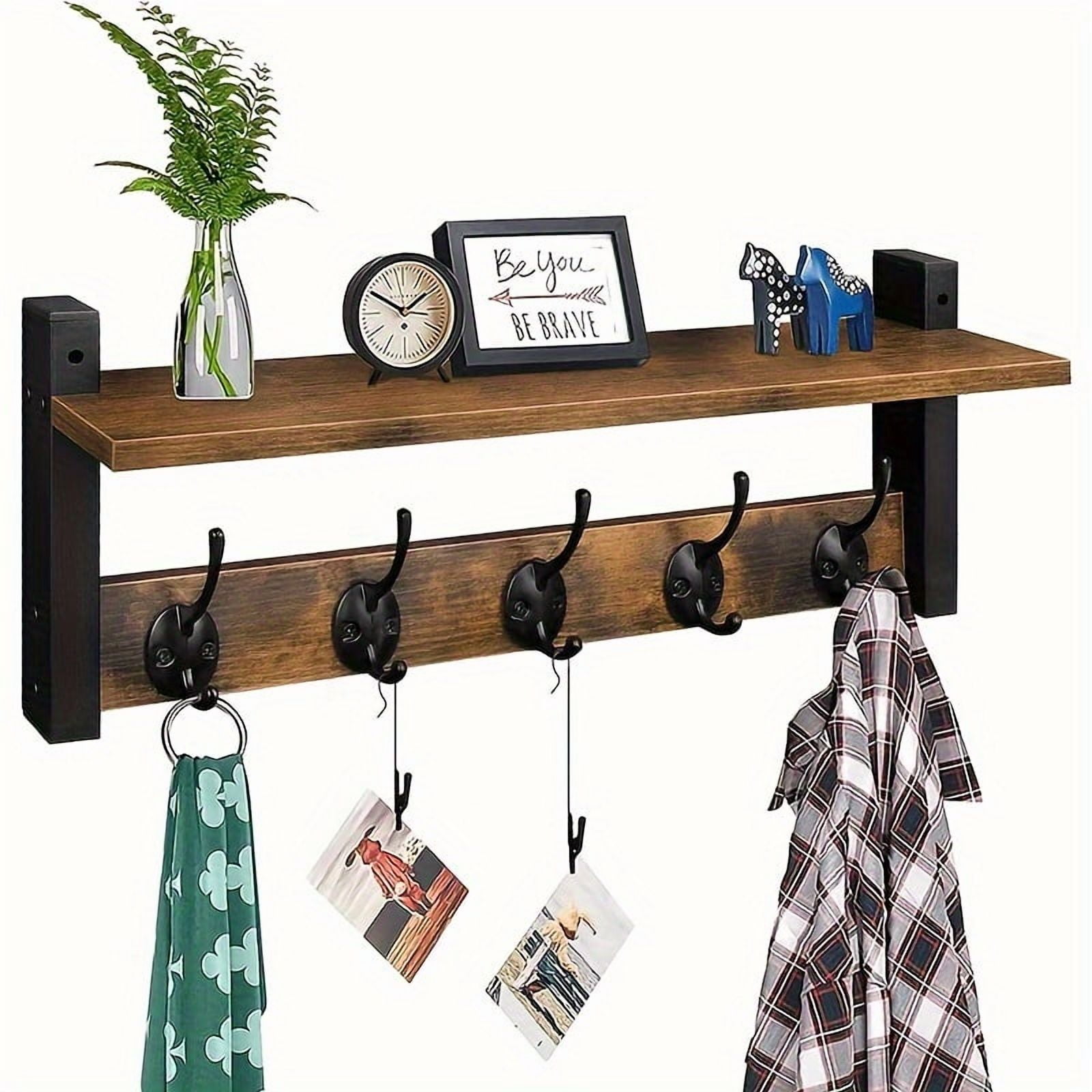 1Pc Wall Mounted Coat Rack, Solid Wood Wall Shelf With Hooks, Brown ...