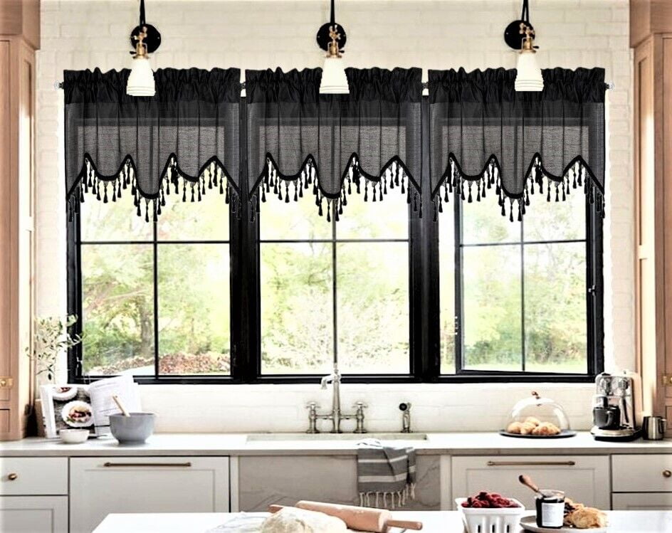 "1Pc Black Faux Silk Waterfall Valance with Tassels, Rod Pocket, 55""W ...