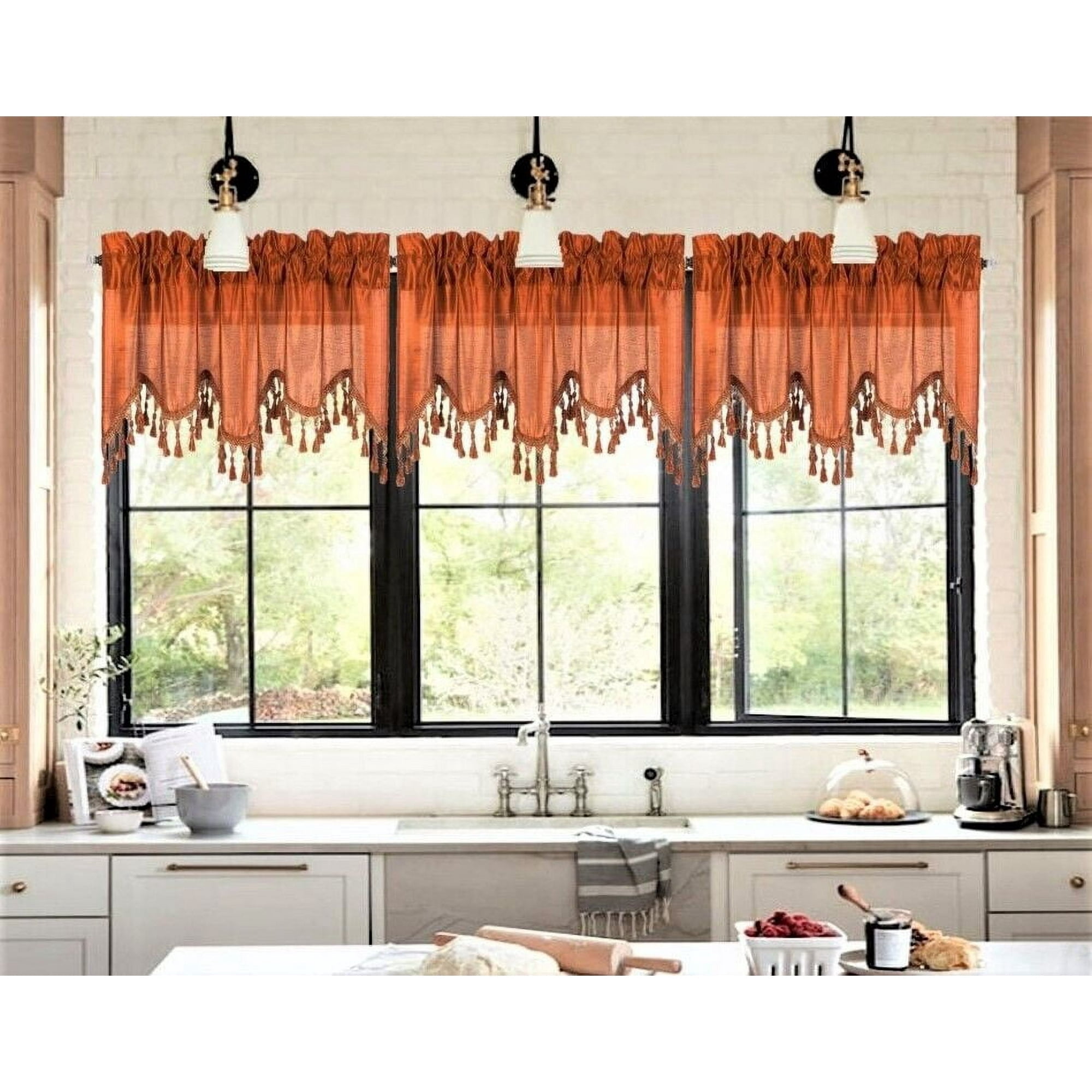 1Pc Wave Brick color waterfall valance with tassels faux silk rod ...