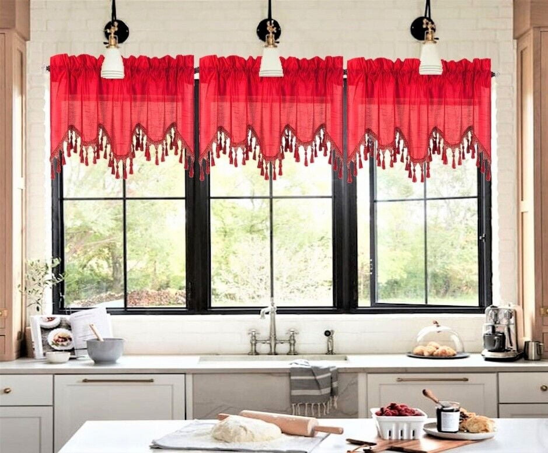 1Pc Wave Red color waterfall valance with tassels faux silk rod pocket ...