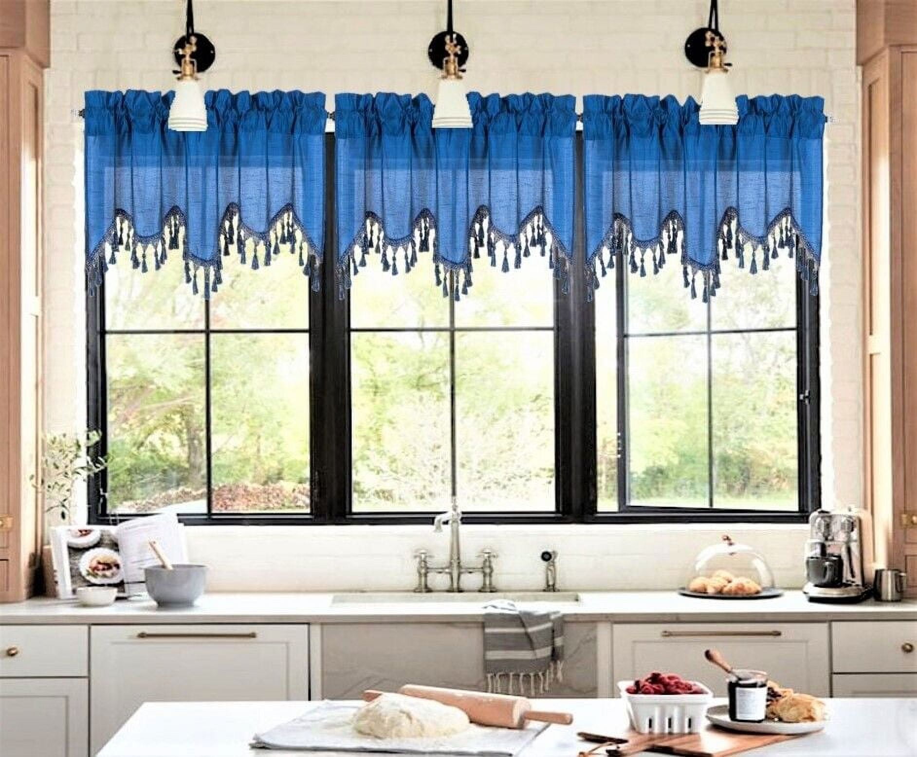 1Pc Wave Royal Blue color waterfall valance with tassels faux silk rod ...