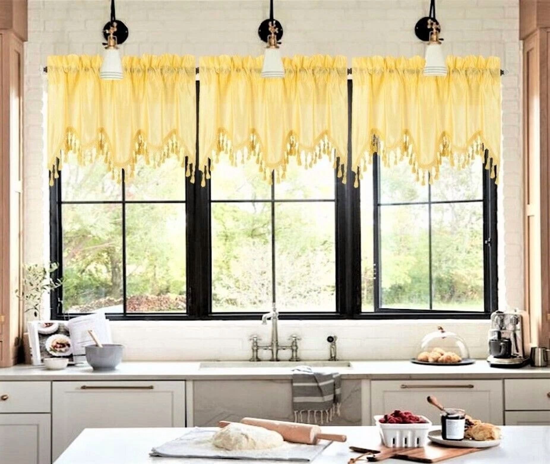 1Pc Wave Yellow color waterfall valance with tassels faux silk rod ...