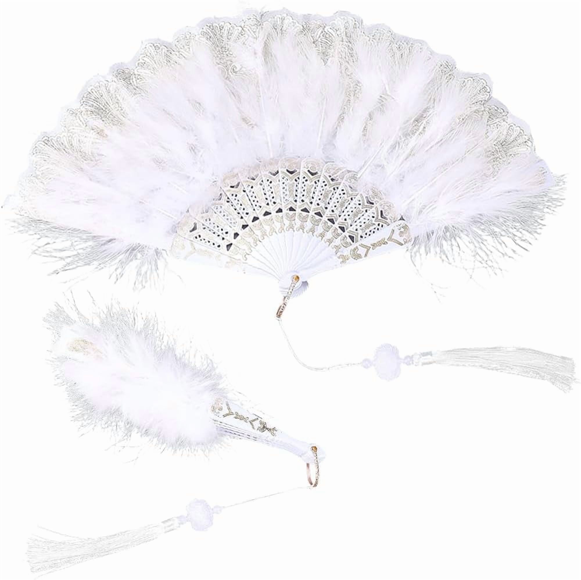 1Pc White Folding Hand Fans Feather with Polyester Tassels Vintage ...