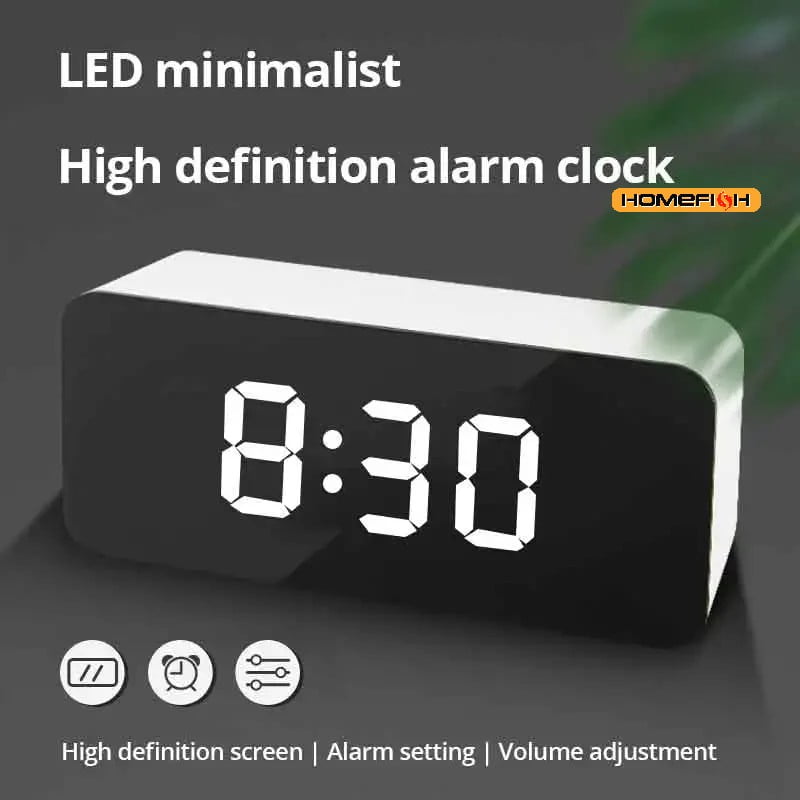 1Pc White LED Mirror Table Clock Snooze Display Time Night Light ...