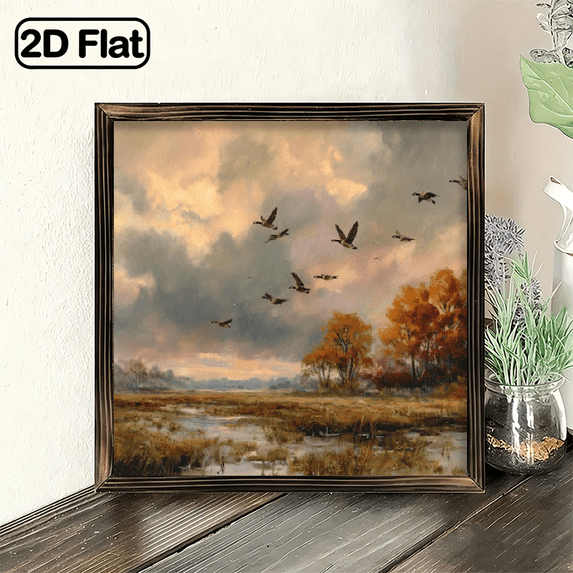 1Pc Wood Frame Sign, Autumn Geese Watercolor Landscape Vintage Fall Art ...