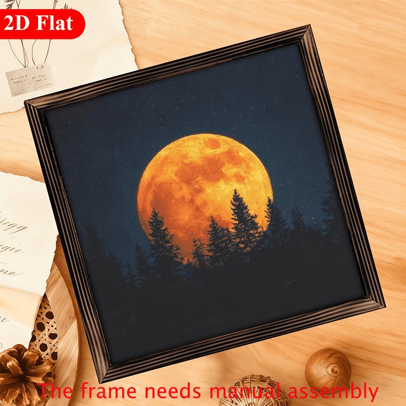 1Pc Wood Frame Sign Full Moon Pine Tree Forest Wall Art Paintings Ideal ...