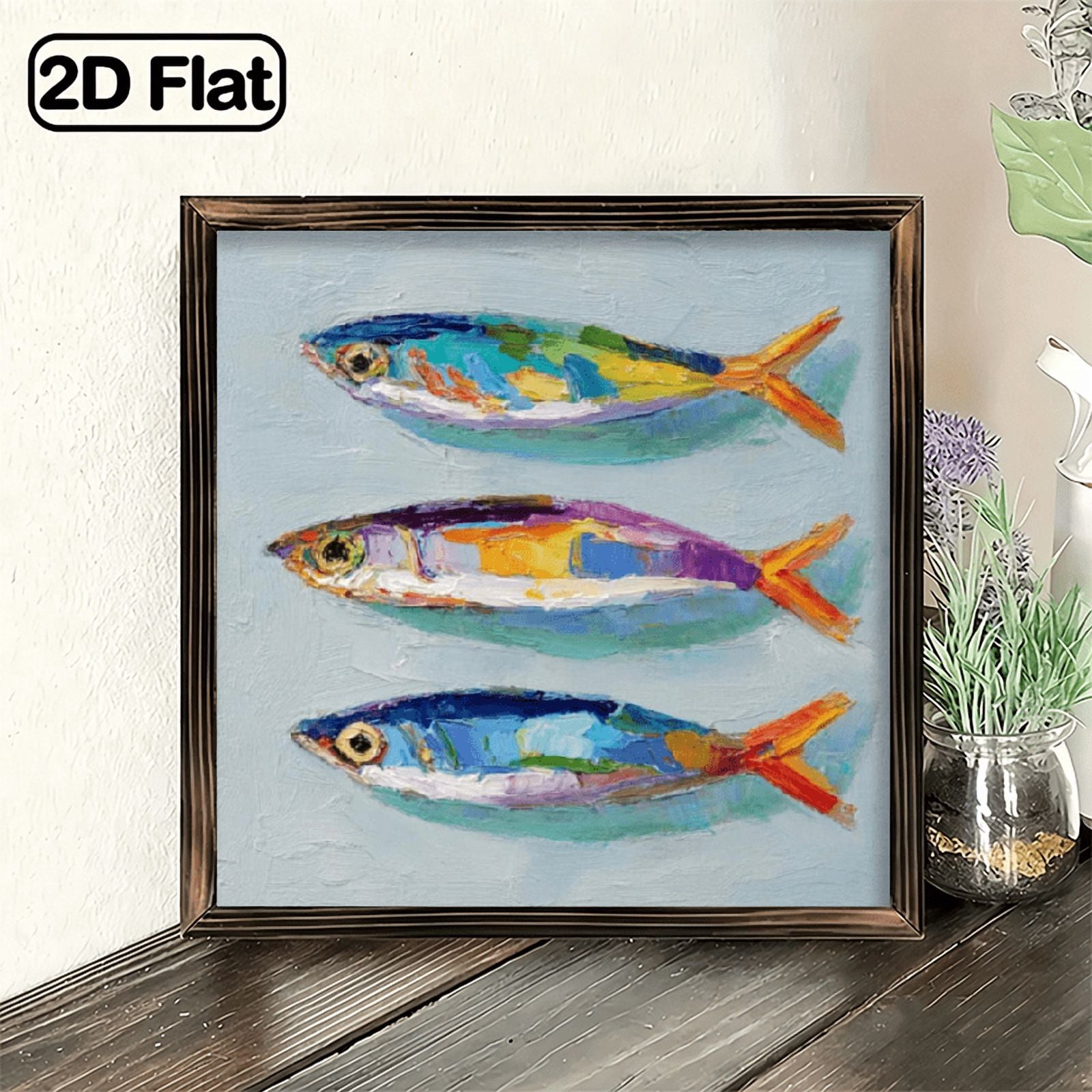 1Pc Wood Frame Sign Sardine, Fish Still Life, Oil Painting Square Wall ...