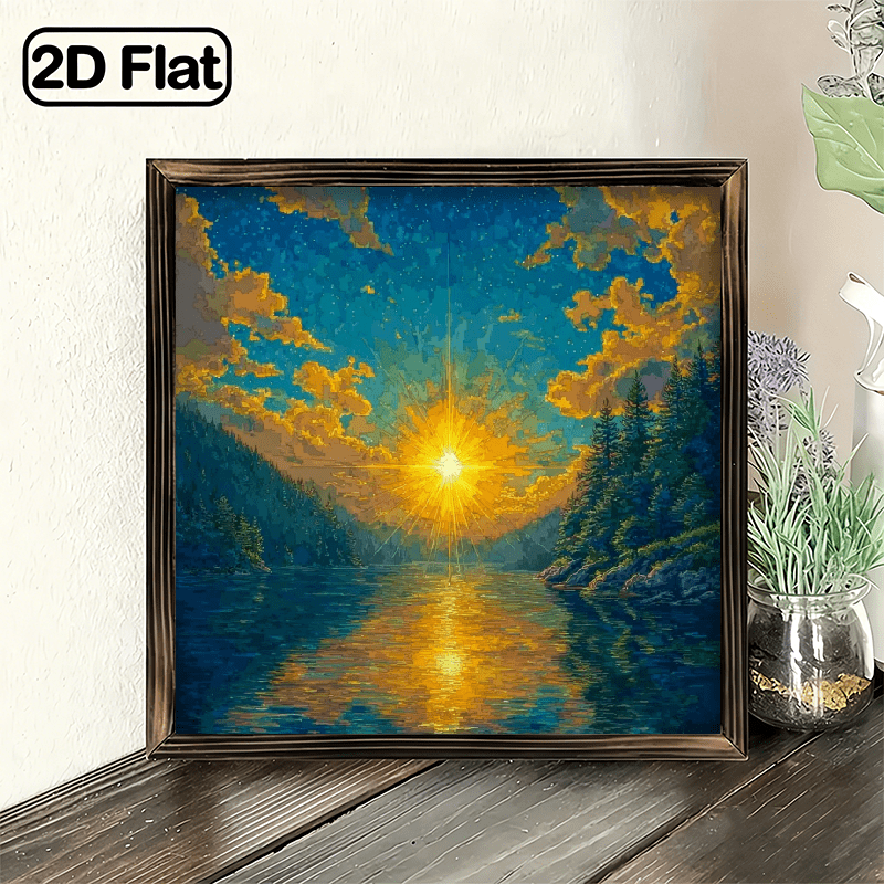 1Pc Wood Frame Sign Sunset Lake Landscape, Golden Reflection Square ...