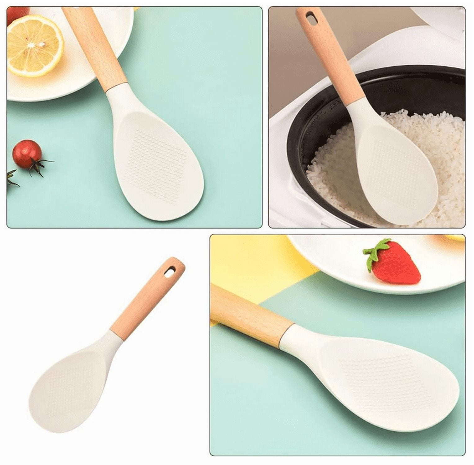 1Pc Wood Handle Silicone Cooking Spoon & Rice Scoop Set for Serving ...