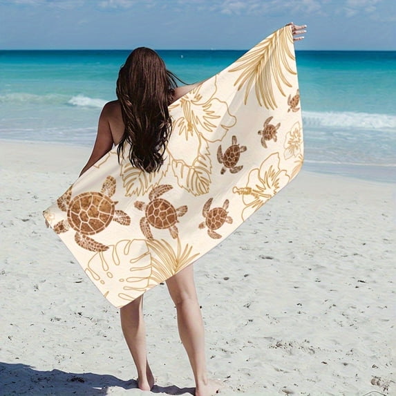 1Pc beach towel with tropical turtle and palm leaf pattern ...
