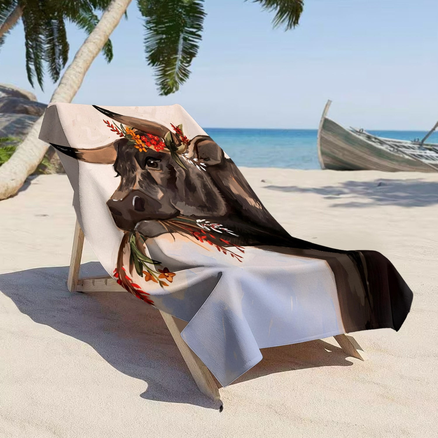 1Pc, black bull style soft beach towel with wreath, floral print ...