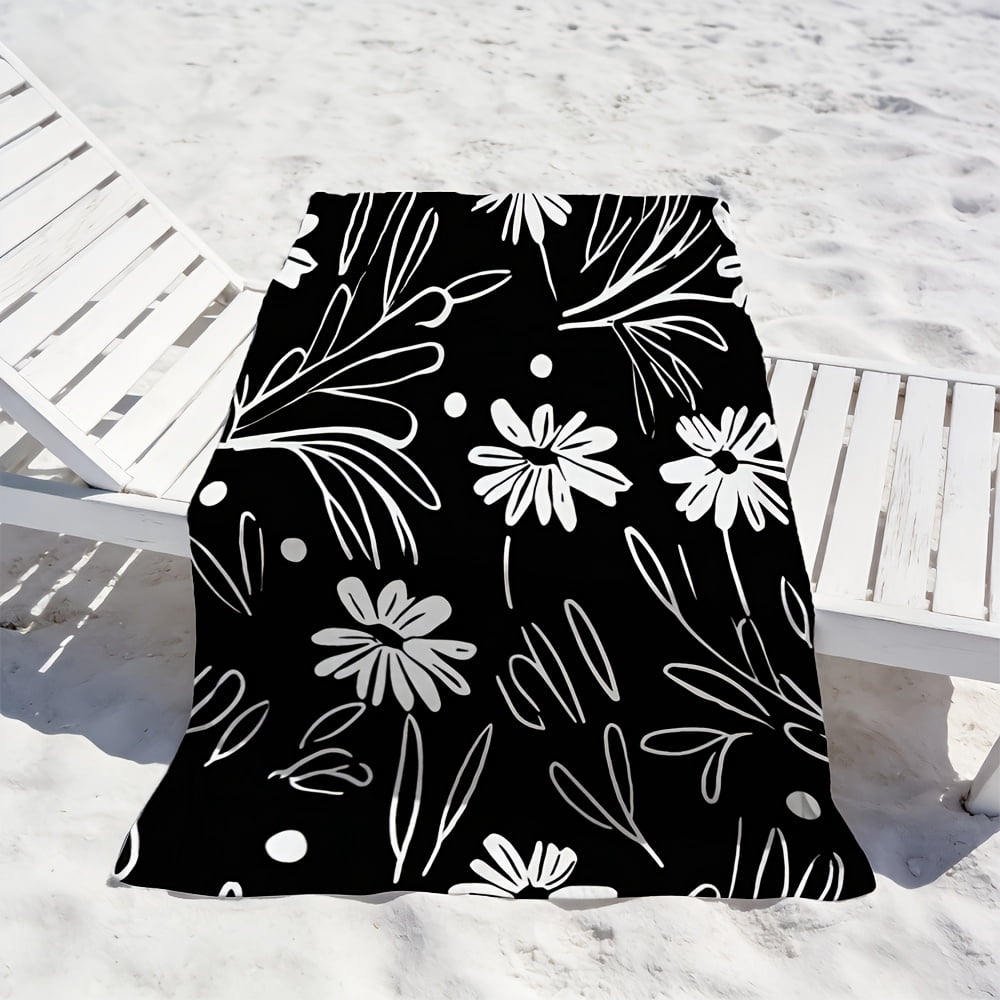 1Pc, black and white line floral pattern, simple abstract style beach ...