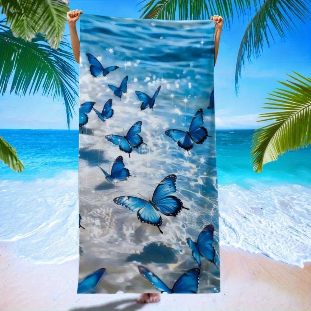 1Pc blue butterfly beach towel with ocean and palm tree design, perfect ...