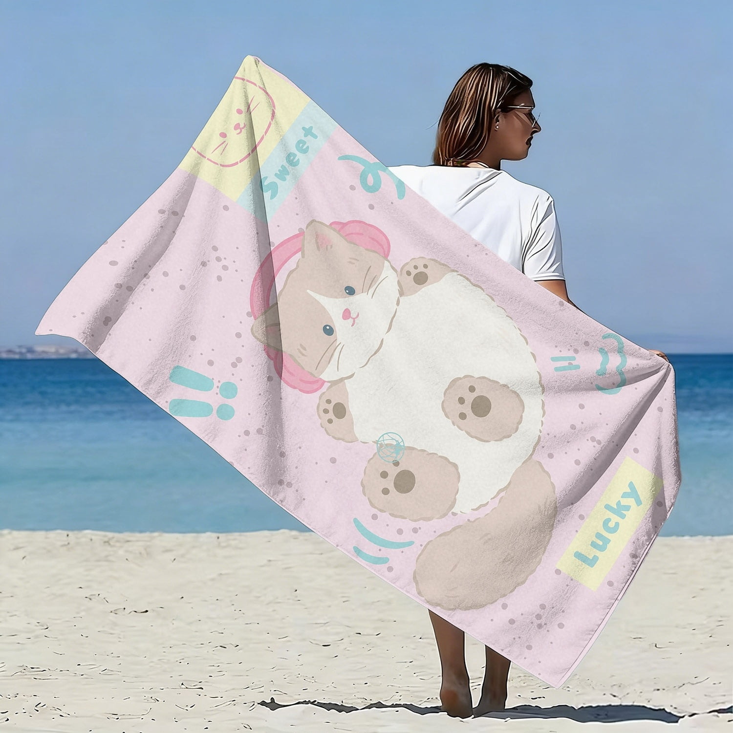 1Pc, cute cat style oversized soft beach towel, cartoon cat print ...