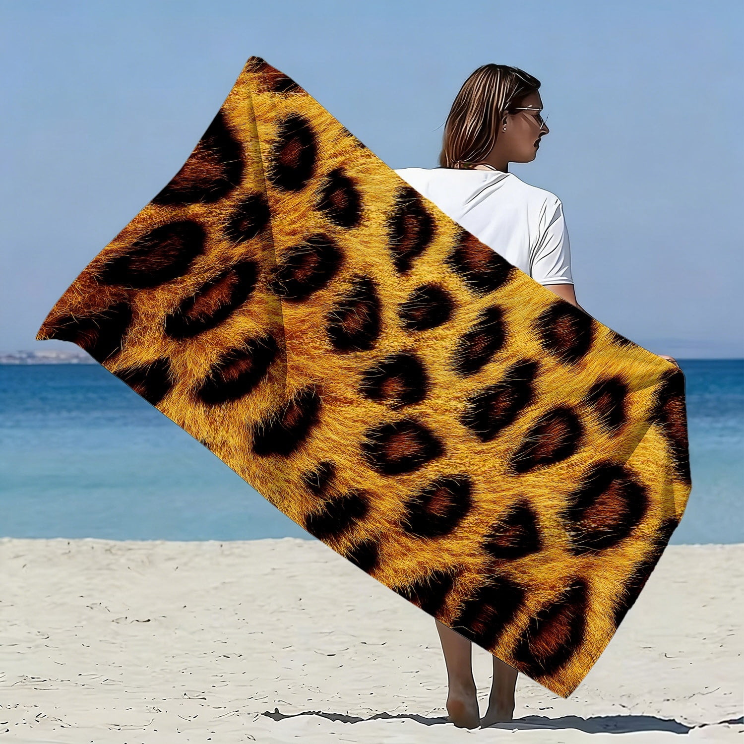 1Pc, leopard print style oversized soft beach towel, animal texture ...