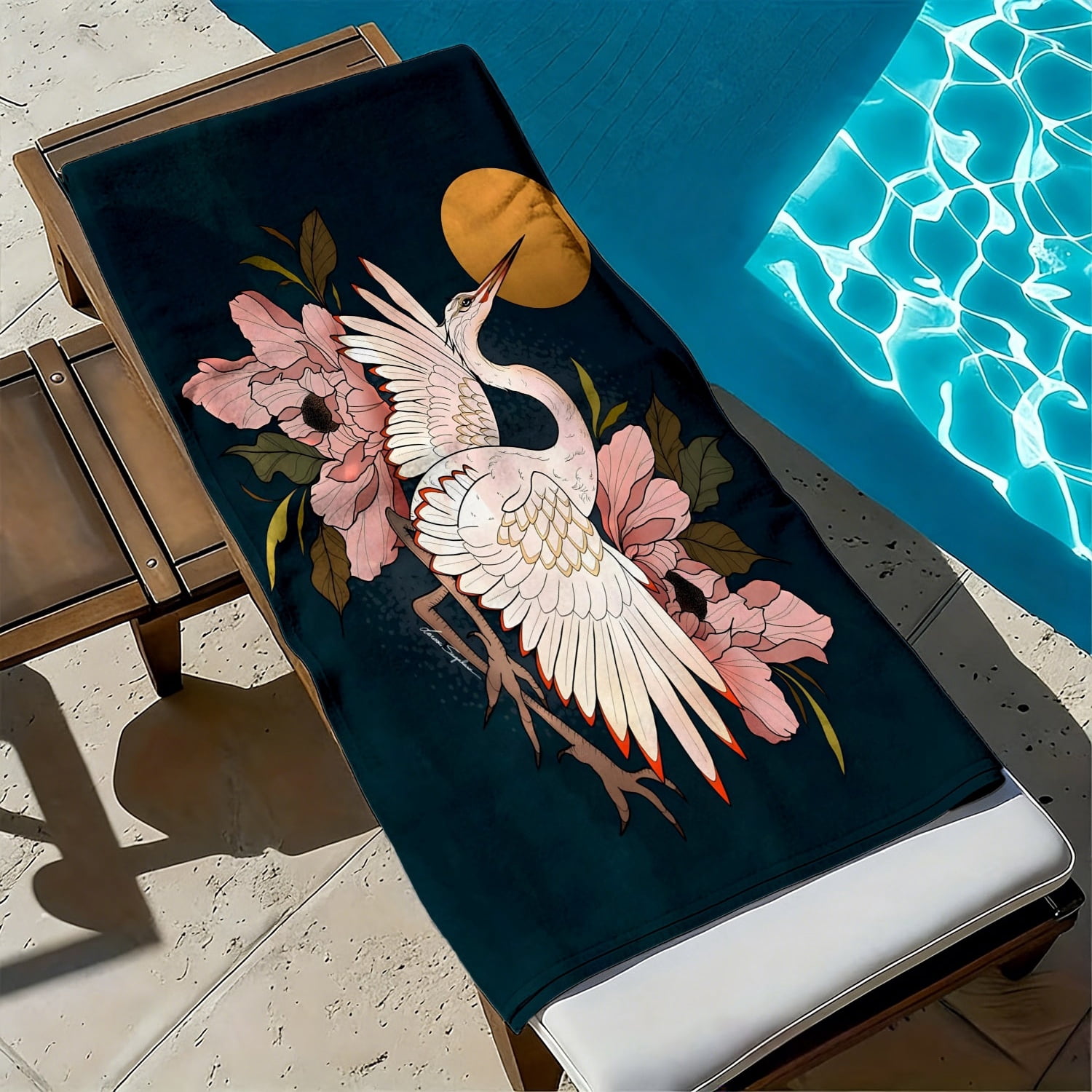 1Pc, retro crane flower pattern soft beach towel, delicate printing ...