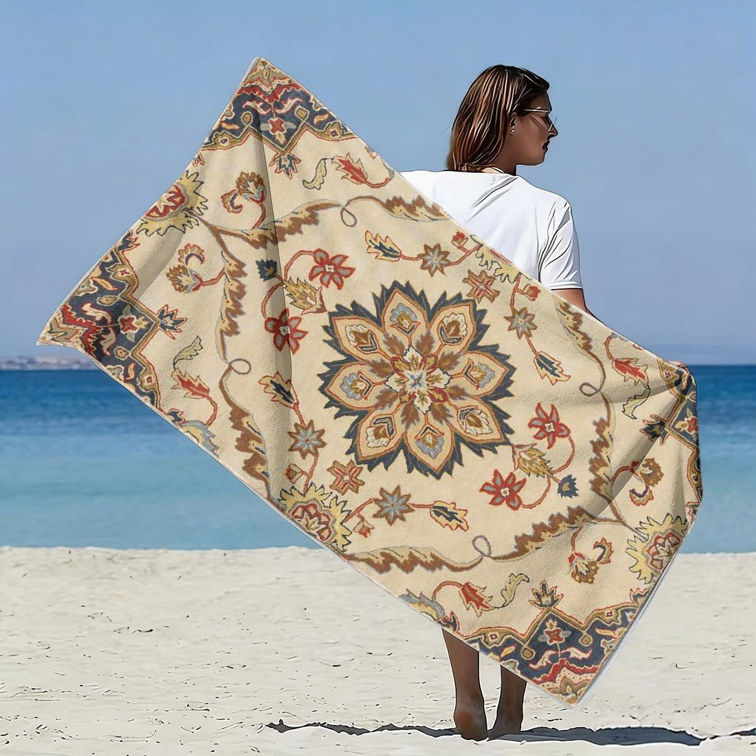 1Pc retro style soft towel is suitable for beach, traditional flower ...
