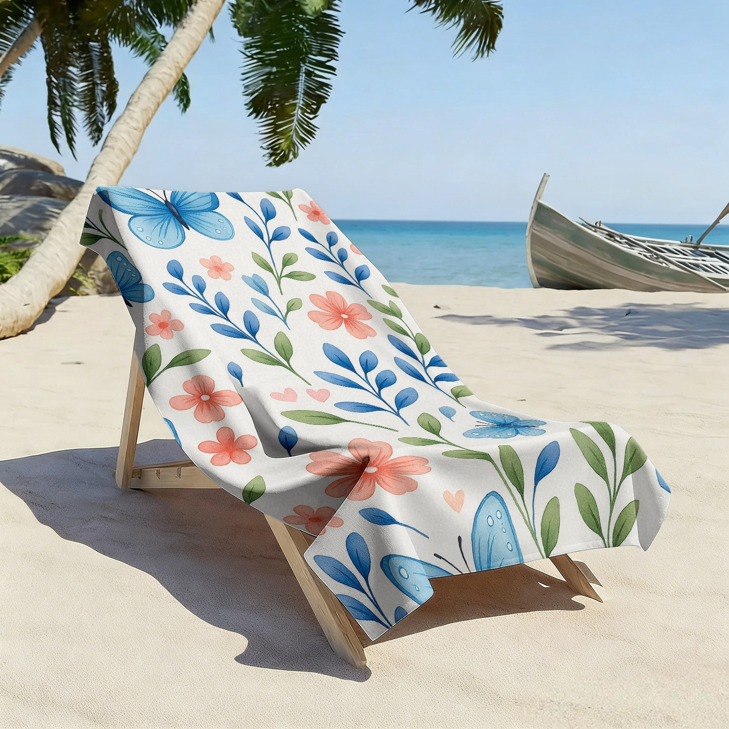 1Pc, watercolor flower butterfly style oversized soft beach towel, blue ...