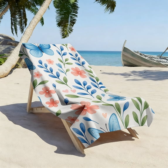 1Pc, watercolor flower butterfly style oversized soft beach towel, blue ...