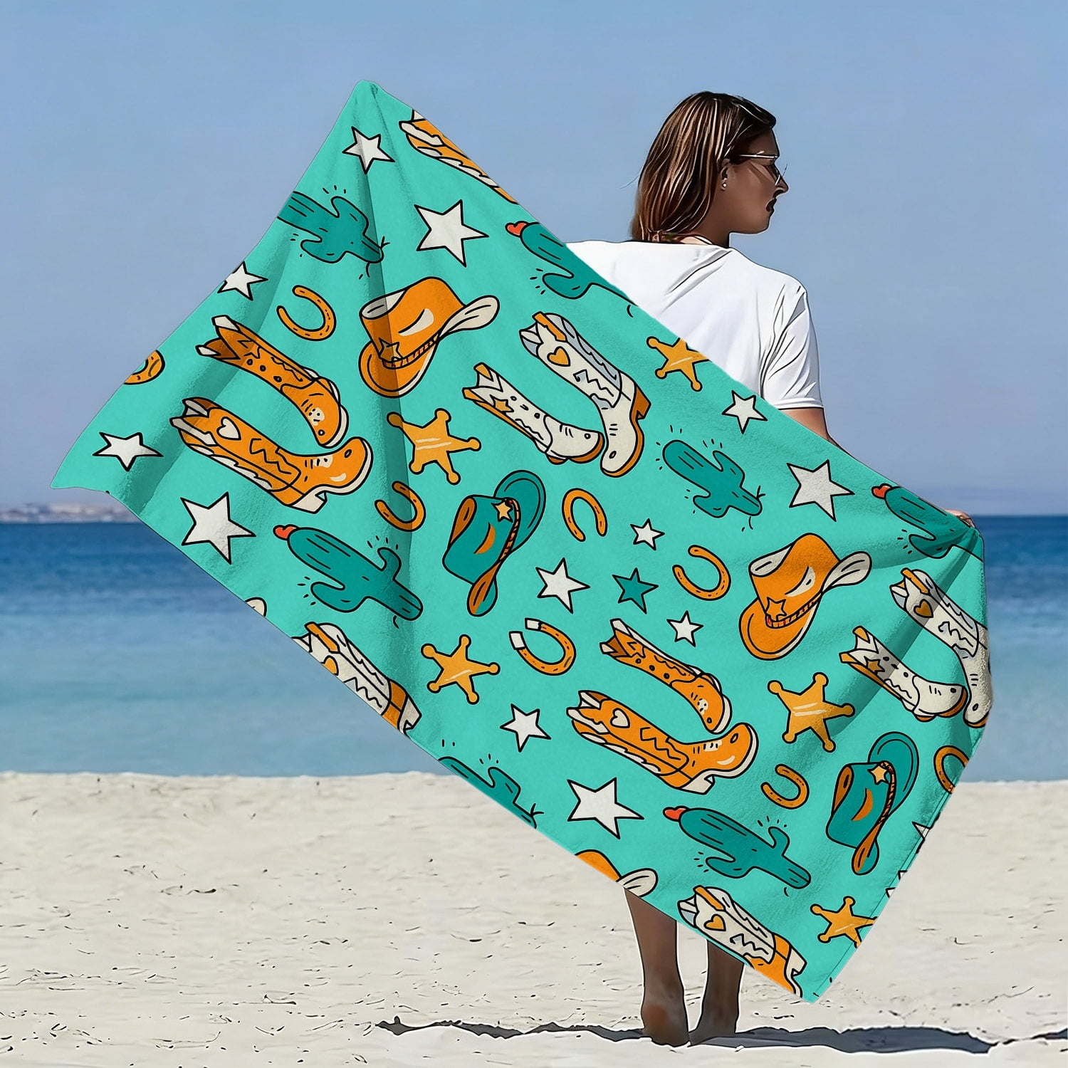 1Pc, western denim style oversized soft beach towel, cowboy hat, cowboy ...
