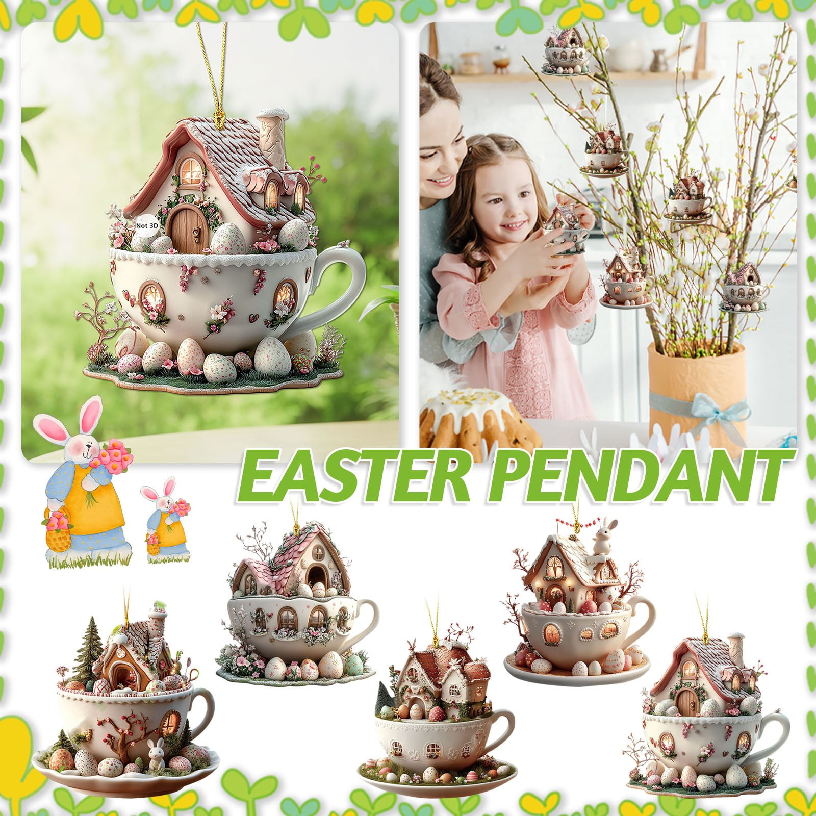 1Pcs 2D Acrylic Easter Bunny Teacup House Car Pendant Keychain For ...