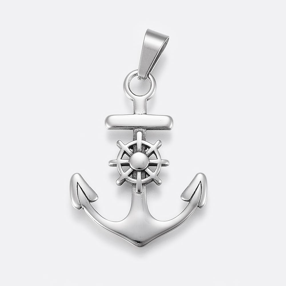 1Pcs Anchor with Helm Pendant 304 Stainless Steel Pendants Silver for ...