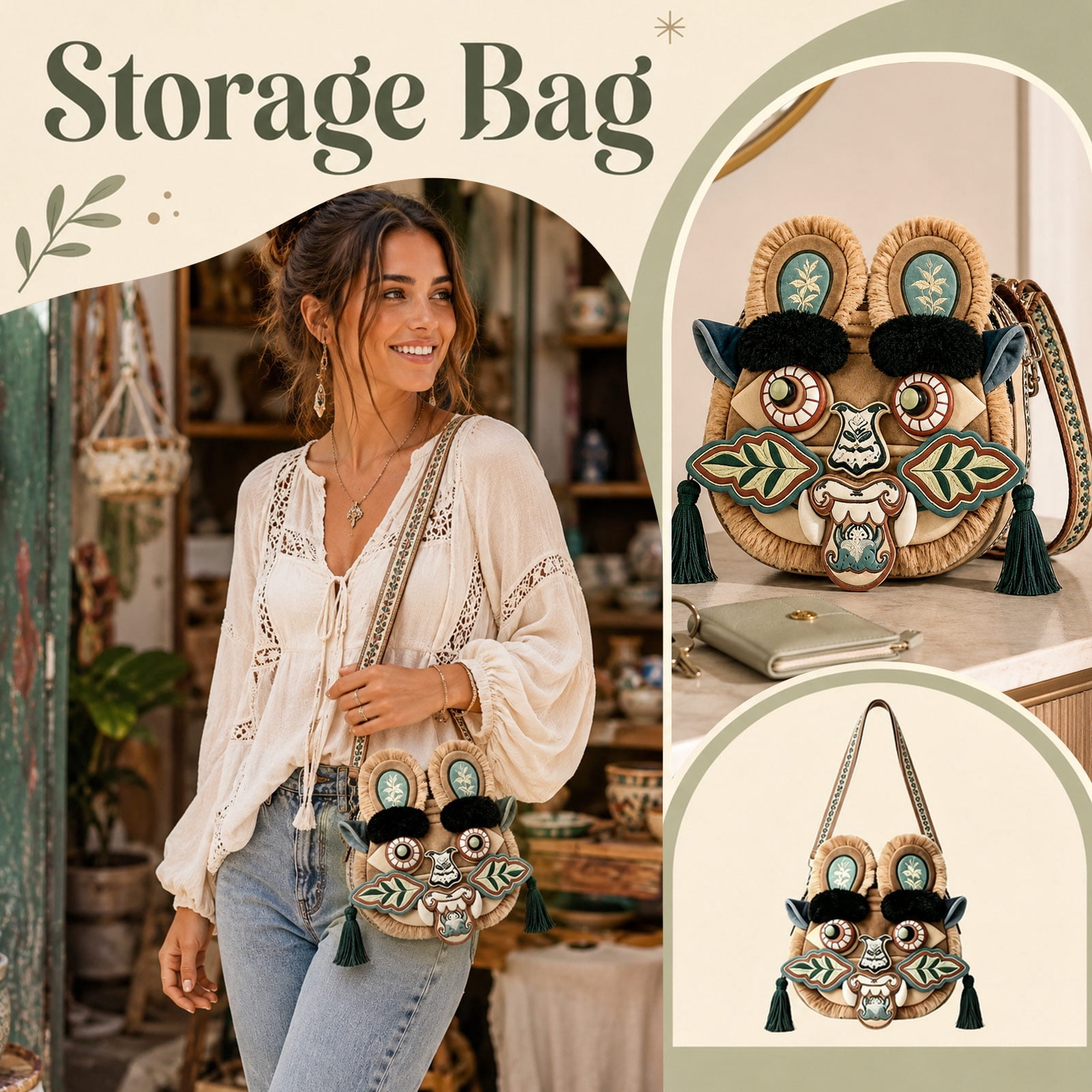 1Pcs Chinese Traditional Tiger Head Bag, Folk Art Embroidered Crossbody ...