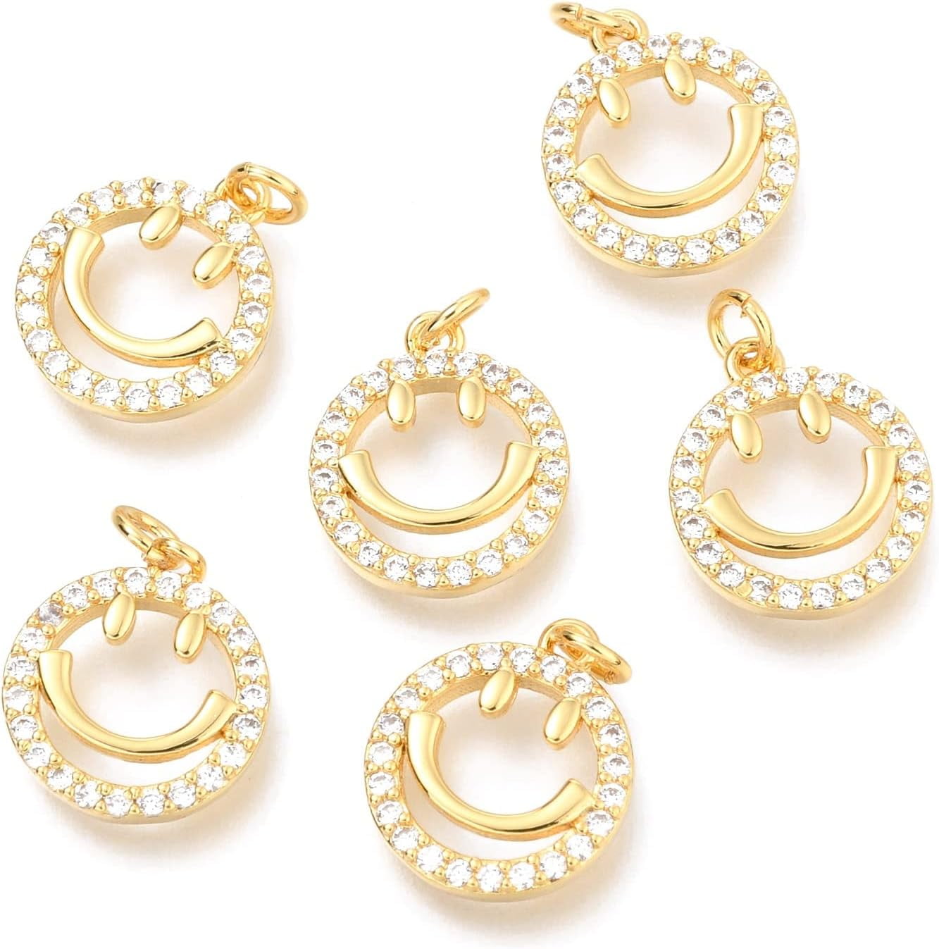 1Pcs Flat Round Charms with Smiling Face Brass Micro Pave Clear Cubic ...