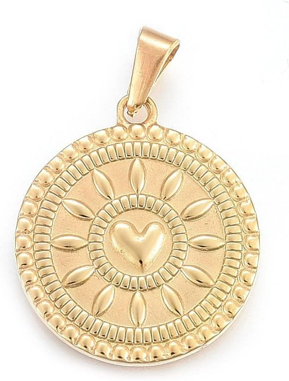 1Pcs Flat Round Pendant with Heart 304 Stainless Steel Pendants Golden ...