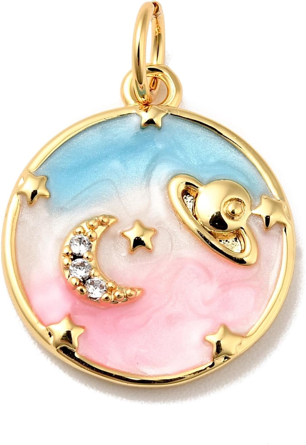 1Pcs Flat Round Pendant with Moon Planet Rack Plating Brass Micro Pave ...