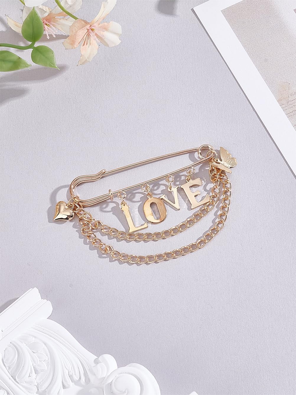 1Pcs Golden Alloy Hanging Chain Brooches Brooches with Word Love ...