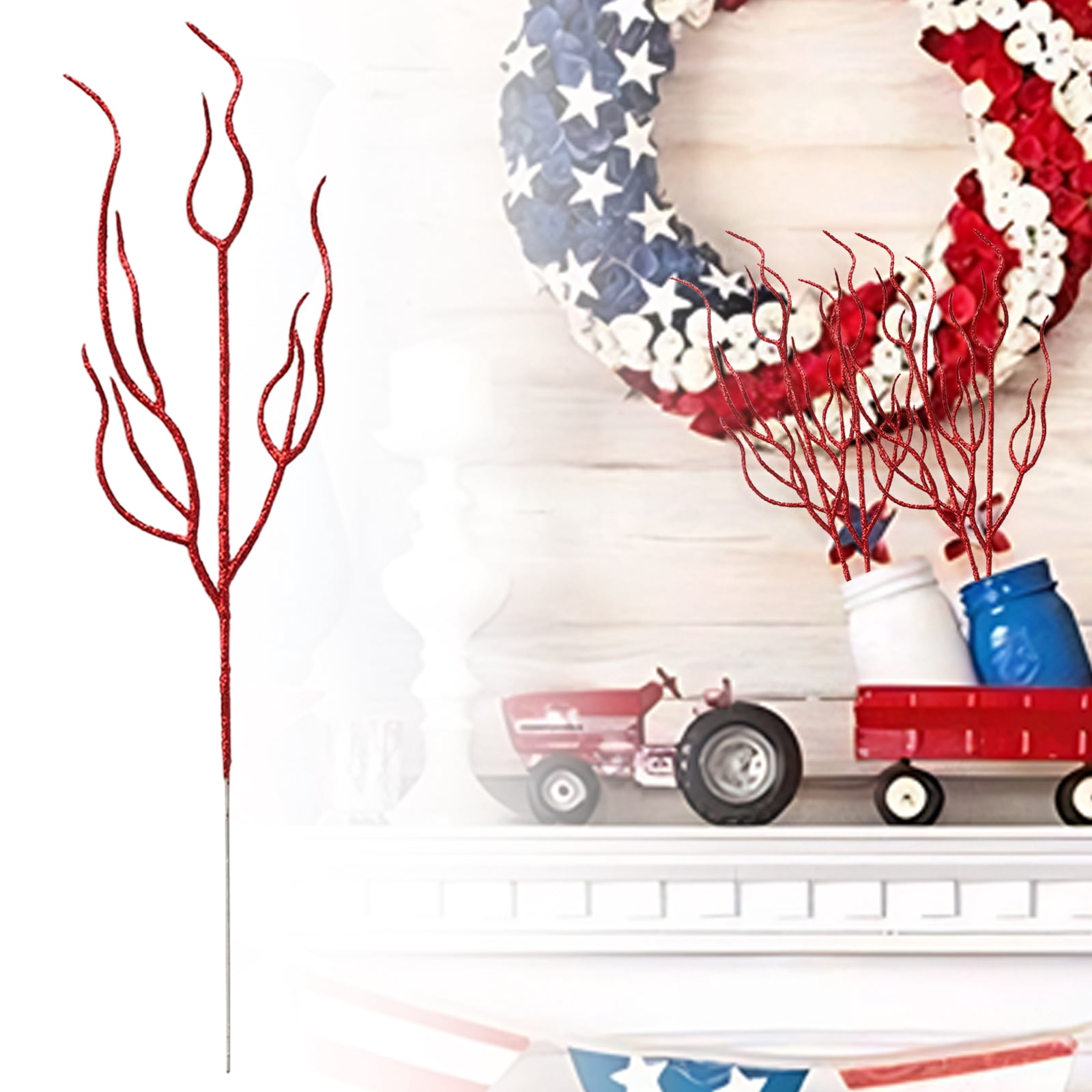 1Pcs Patriotic Red Glitter Branch Pick 13.38", 4th of July Artificial ...