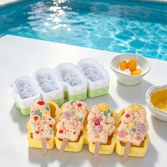 1Pcs Popsicle Silicone Molds 4 Cavity Flower Ice Cream Molds Food-Grade ...