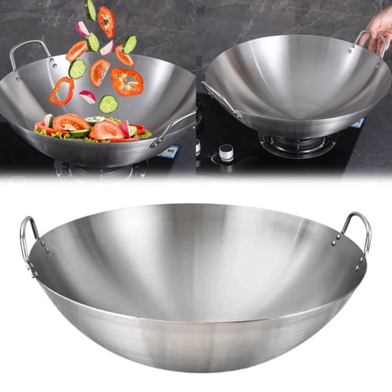 1Pcs Round-Bottomed Polished Stainless Steel Wok with Two Ring Handles ...