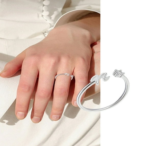 1Pcs Silver Letter A-Z Open Signet Ring for Women Brass Rhinestone Open ...