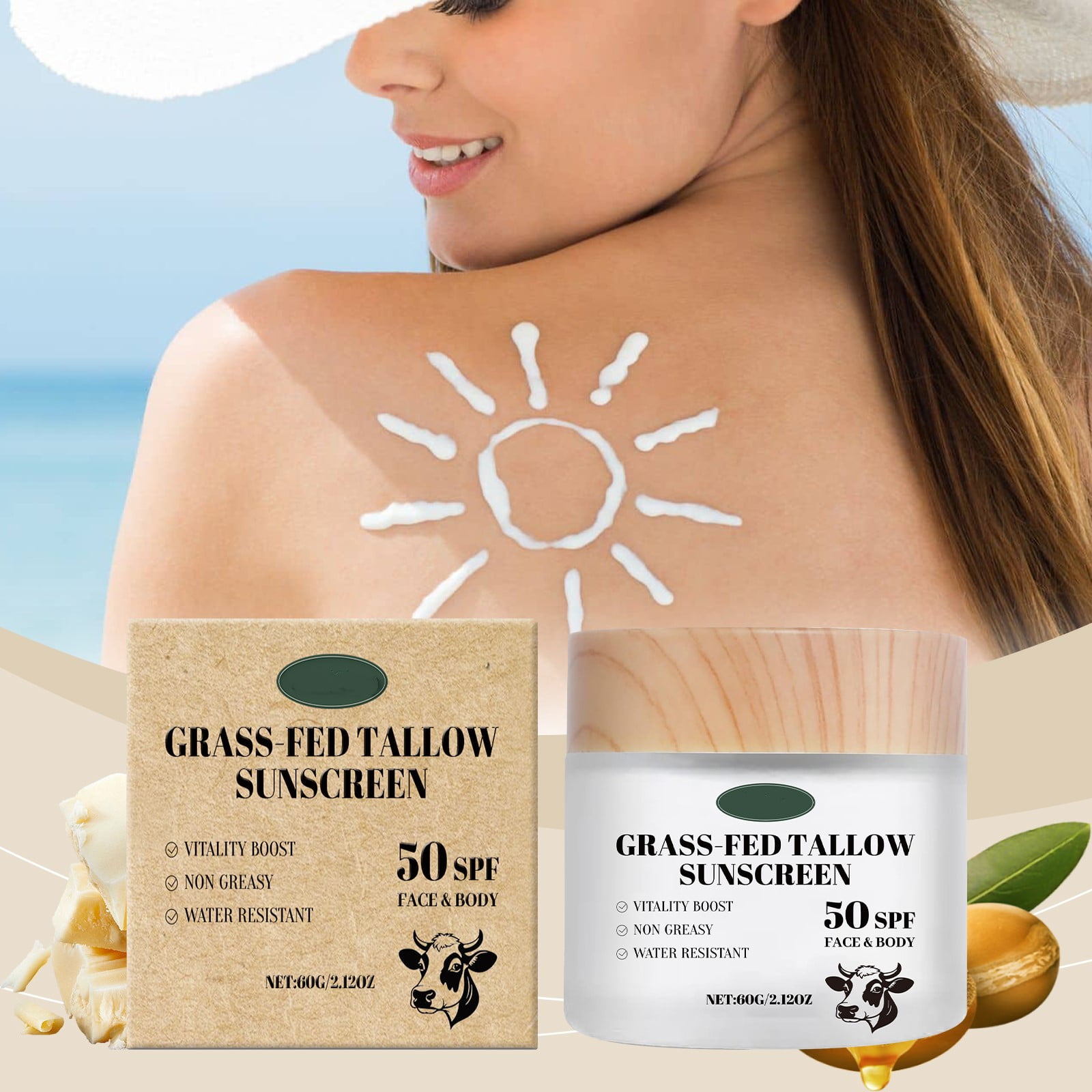 1Pcs Tallow Sunscreen, Beef Tallow for Skin and Face, Grass Fed Beef ...