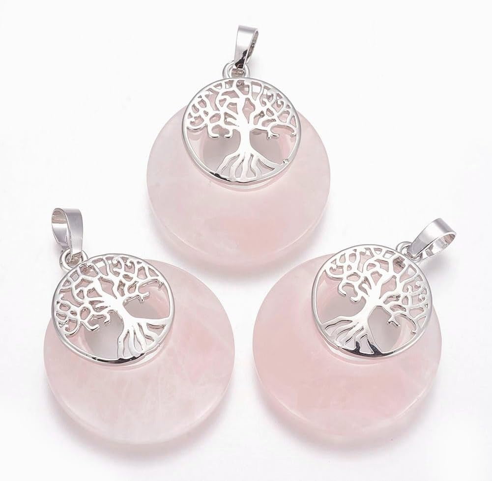 1Pcs Tree of Life Natural Rose Quartz Pendants Charms with Platinum ...
