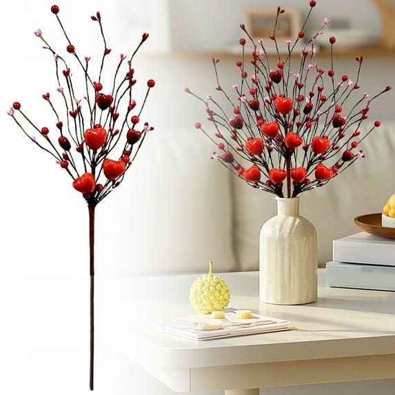 1Pcs Valentines Flowers Decor,17''Artificial Hearts Picks Berry Stems ...