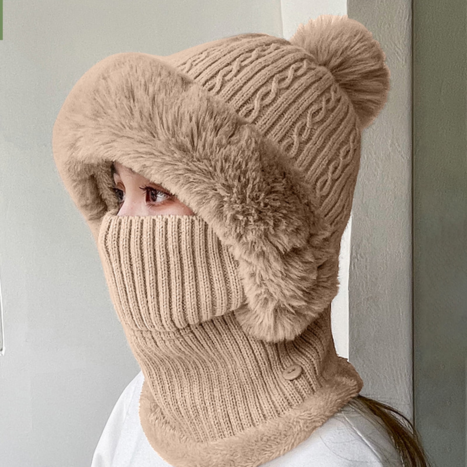 1Pcs Winter Knit Scarf Thick Fleece Lined Cap Ear Ski Hat Faux Pom For ...