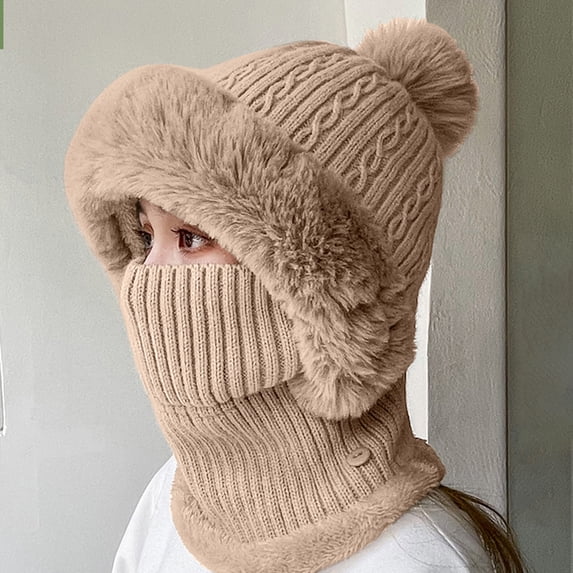 1Pcs Winter Knit Scarf Thick Fleece Lined Cap Ear Ski Hat Faux Pom For ...