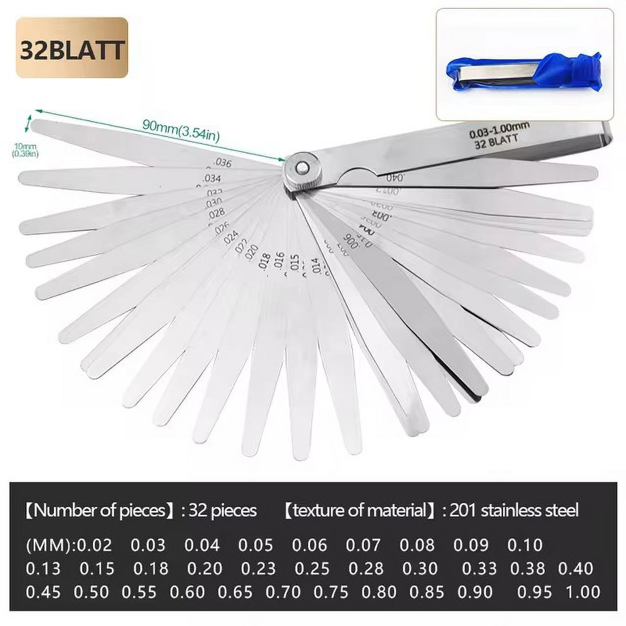 1Pcs10-32 Blades Feeler Gauge Metric Gap Filler Gauge 0.01-1mm Stainless Steel High Precision ...
