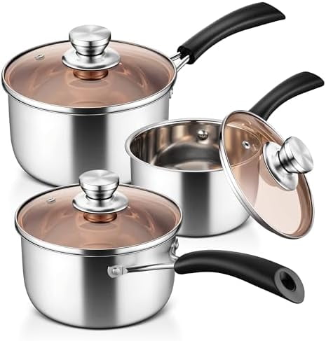 1QT & 2QT & 3QT Saucepan Set with Lids, 18/10 Stainless Steel Sauce Pan Cookware Sets, Kitchen ...