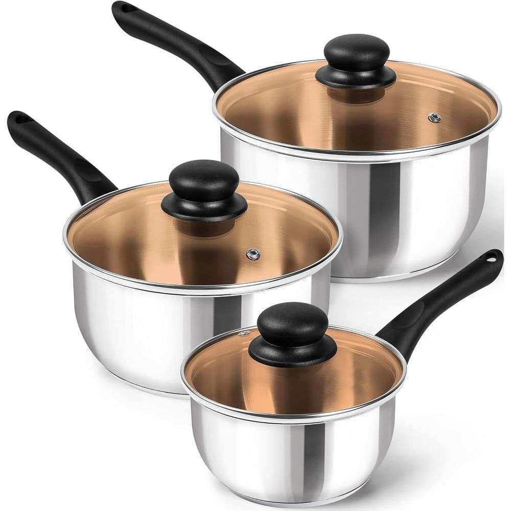 1QT 2QT 3QT Stainless Steel Sauce Pan Set with Lid Tri-Ply Base Easy ...