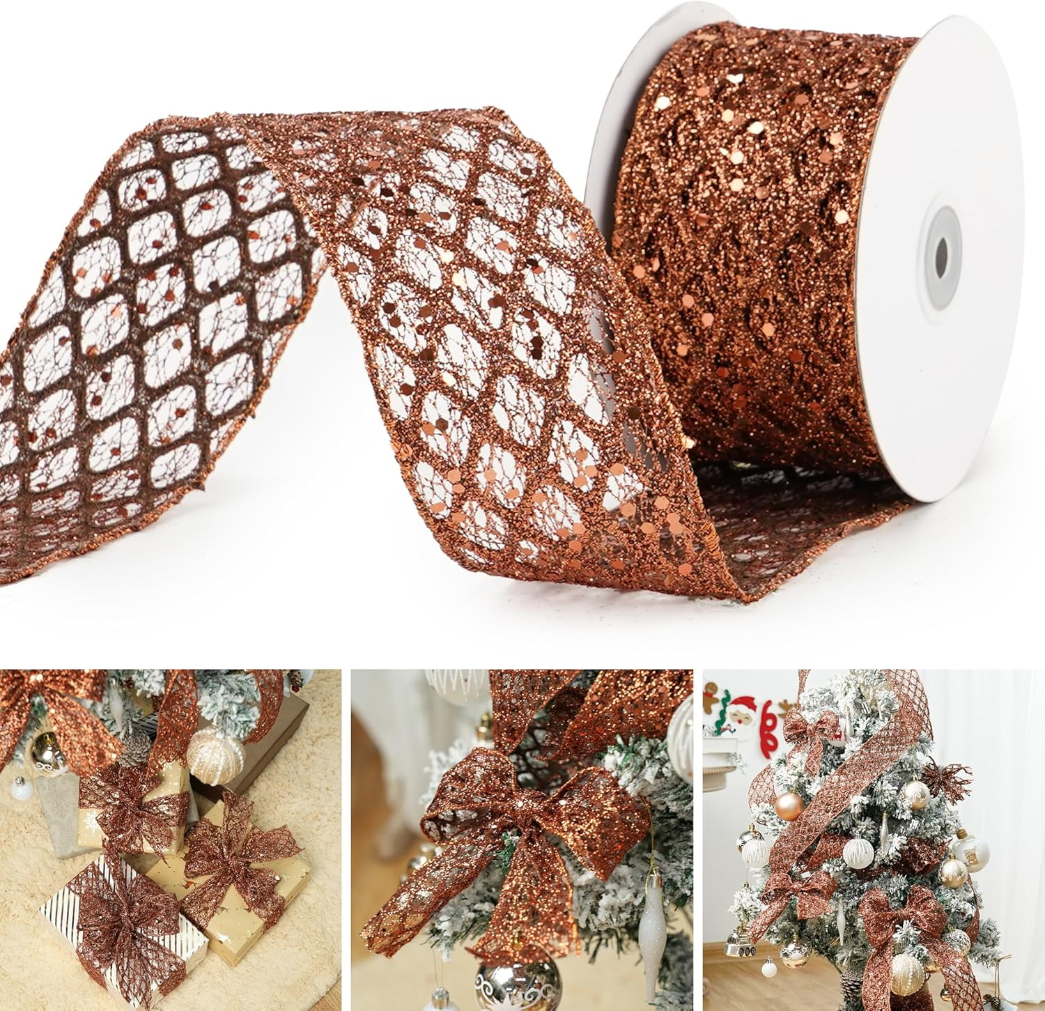 1Roll 2.5 Inch Glitter Diamond Mesh Wired Ribbon for Christmas Tree ...