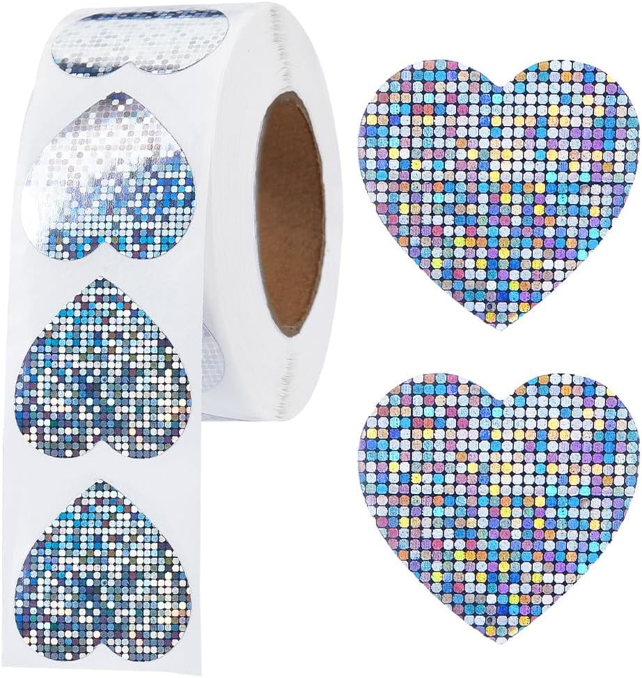 1Roll 500pcs Holographic Silvery Heart Stickers Self Adhesive Metallic ...