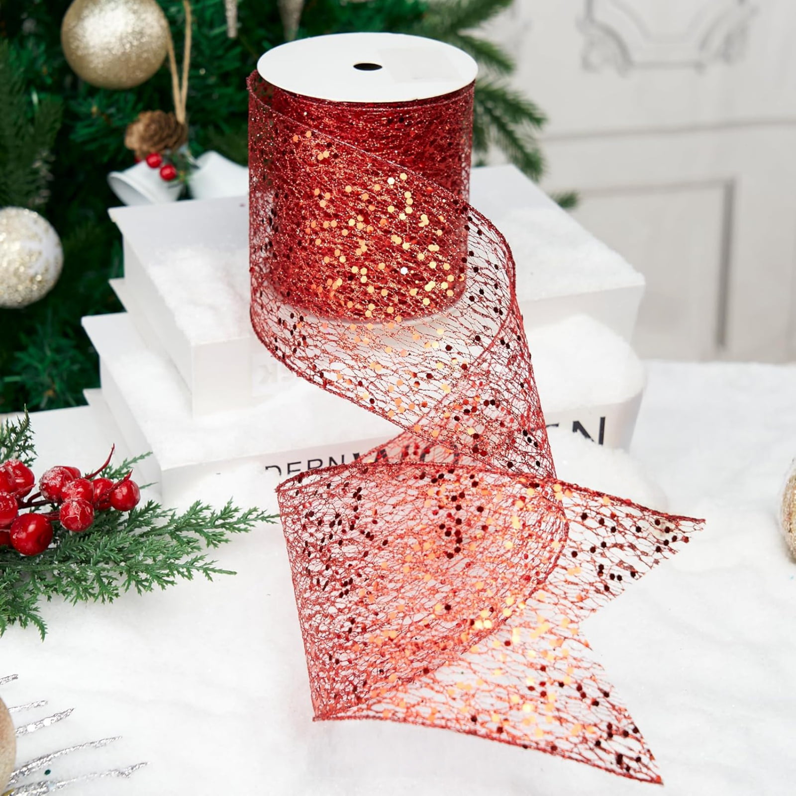 1Roll Glitter Mesh Ribbon Polka Dot Sequin and Glitter Christmas Ribbon ...